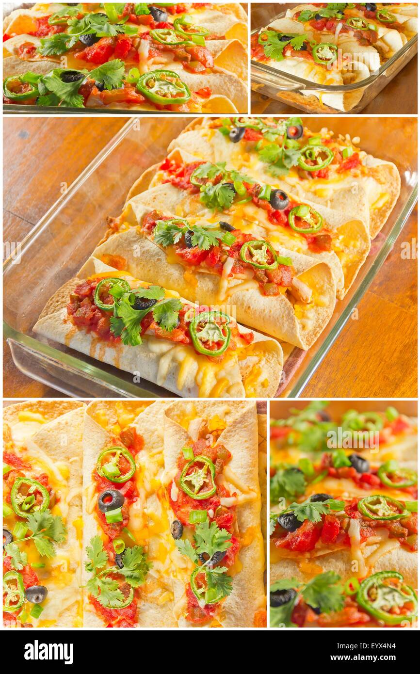 Variety of angles of enchilada casserole in Mexican food collage Stock ...