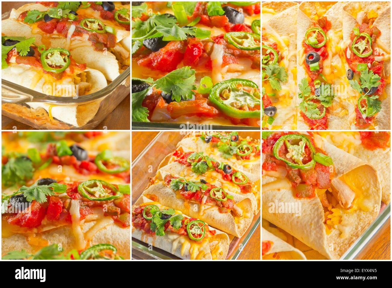 Variety of angles of enchilada casserole in Mexican food collage Stock ...