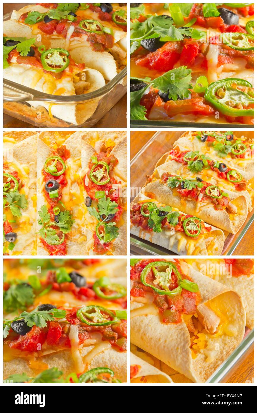 Variety of angles of enchilada casserole in Mexican food collage Stock ...