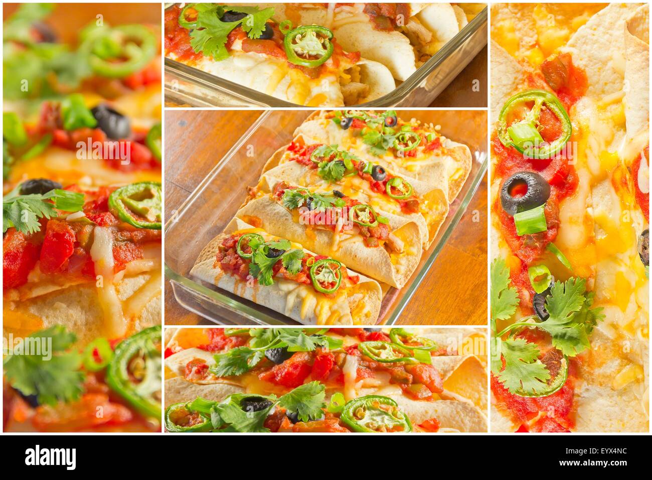 Variety of angles of enchilada casserole in Mexican food collage Stock ...