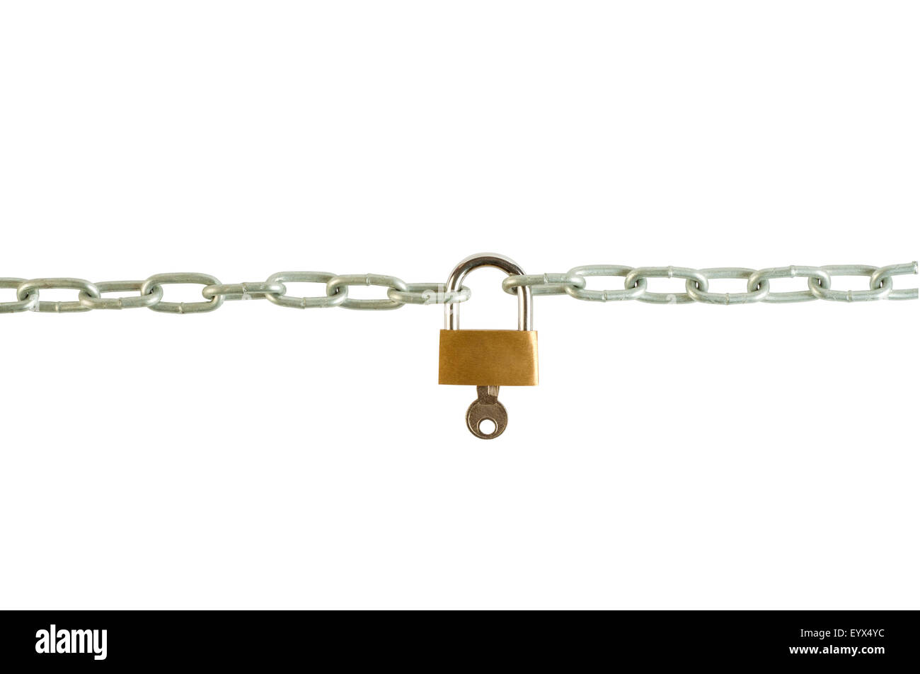 Brass padlock with key on a steel chain. Isolated on white background ...