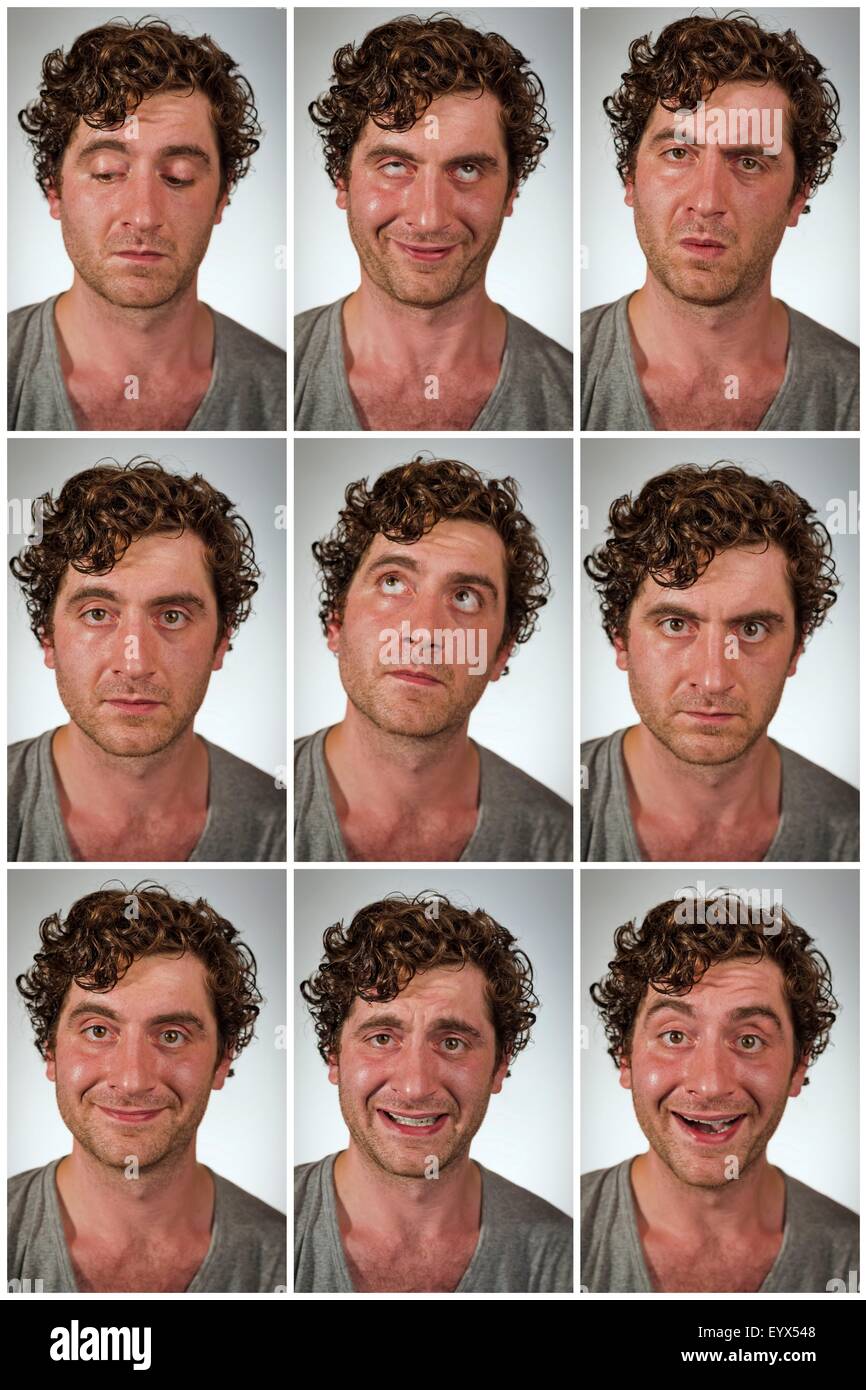 Regular average looking man making various facial expressions in ...