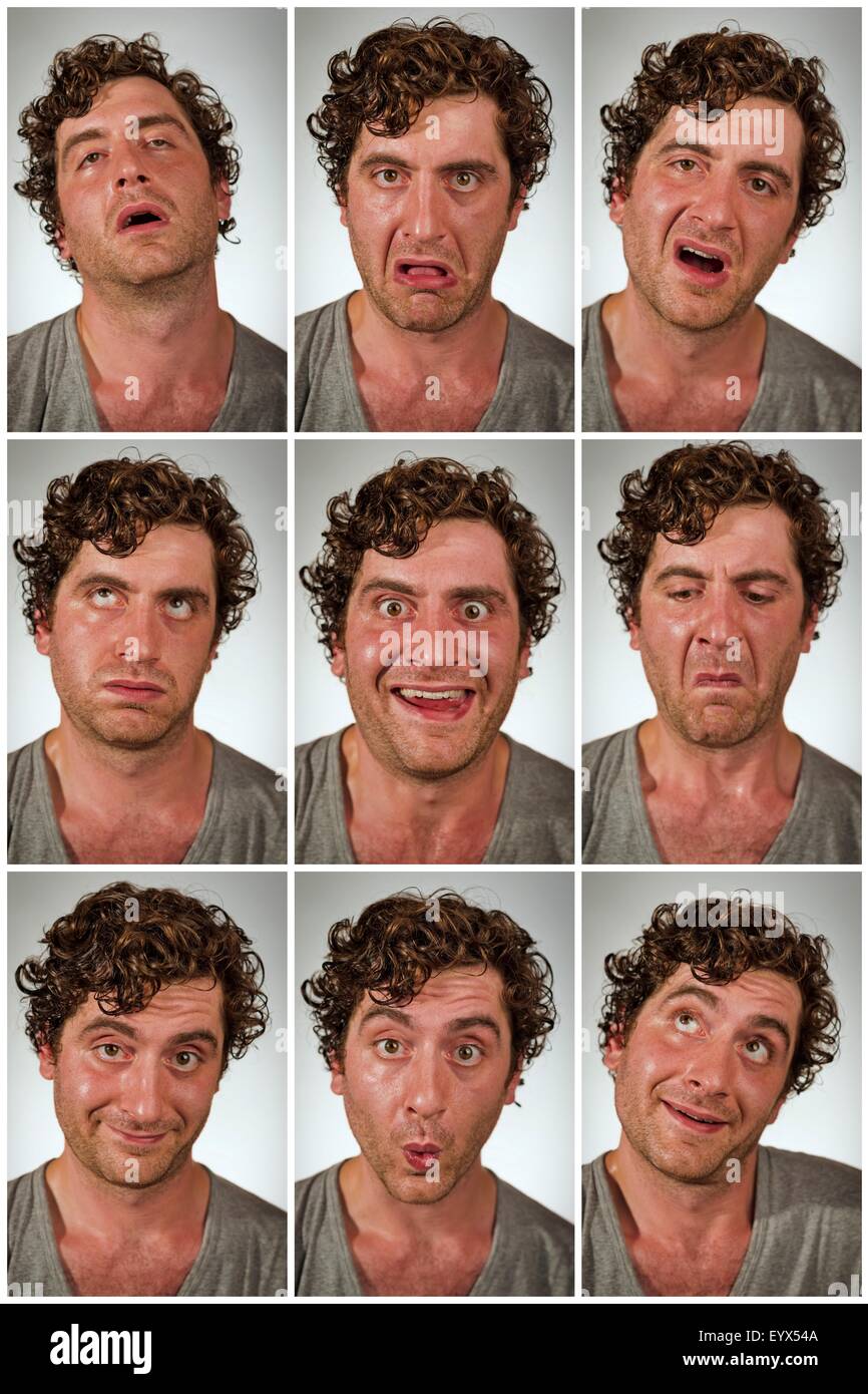 Regular average looking man making various facial expressions in ...