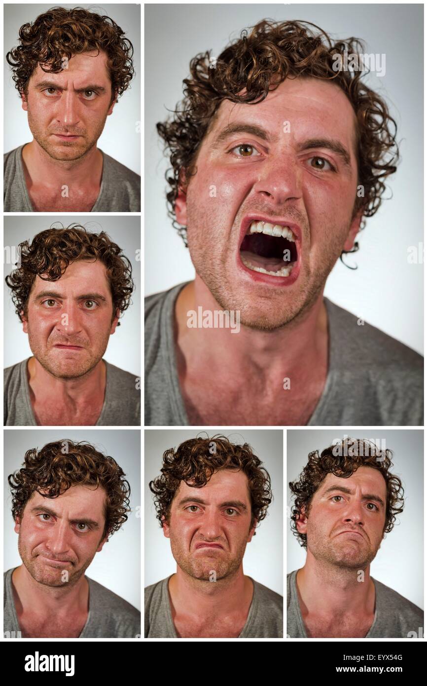 Regular average looking man making various facial expressions in ...