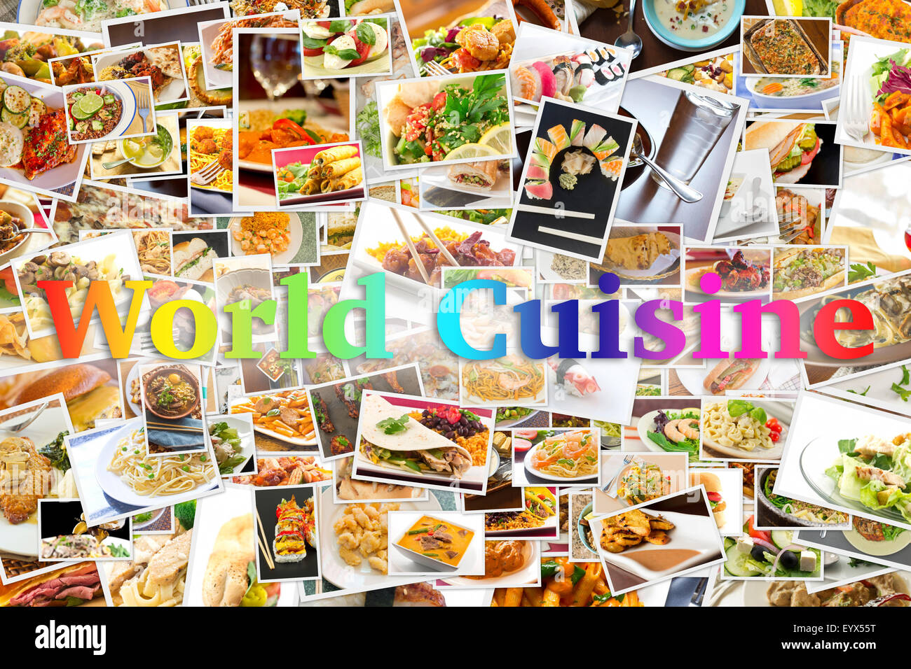 Collage of lots of popular worldwide dinner foods and appetizers Stock ...