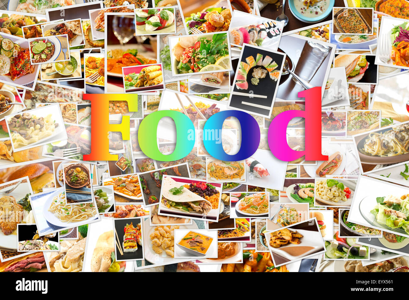 Collage of lots of popular worldwide dinner foods and appetizers Stock ...