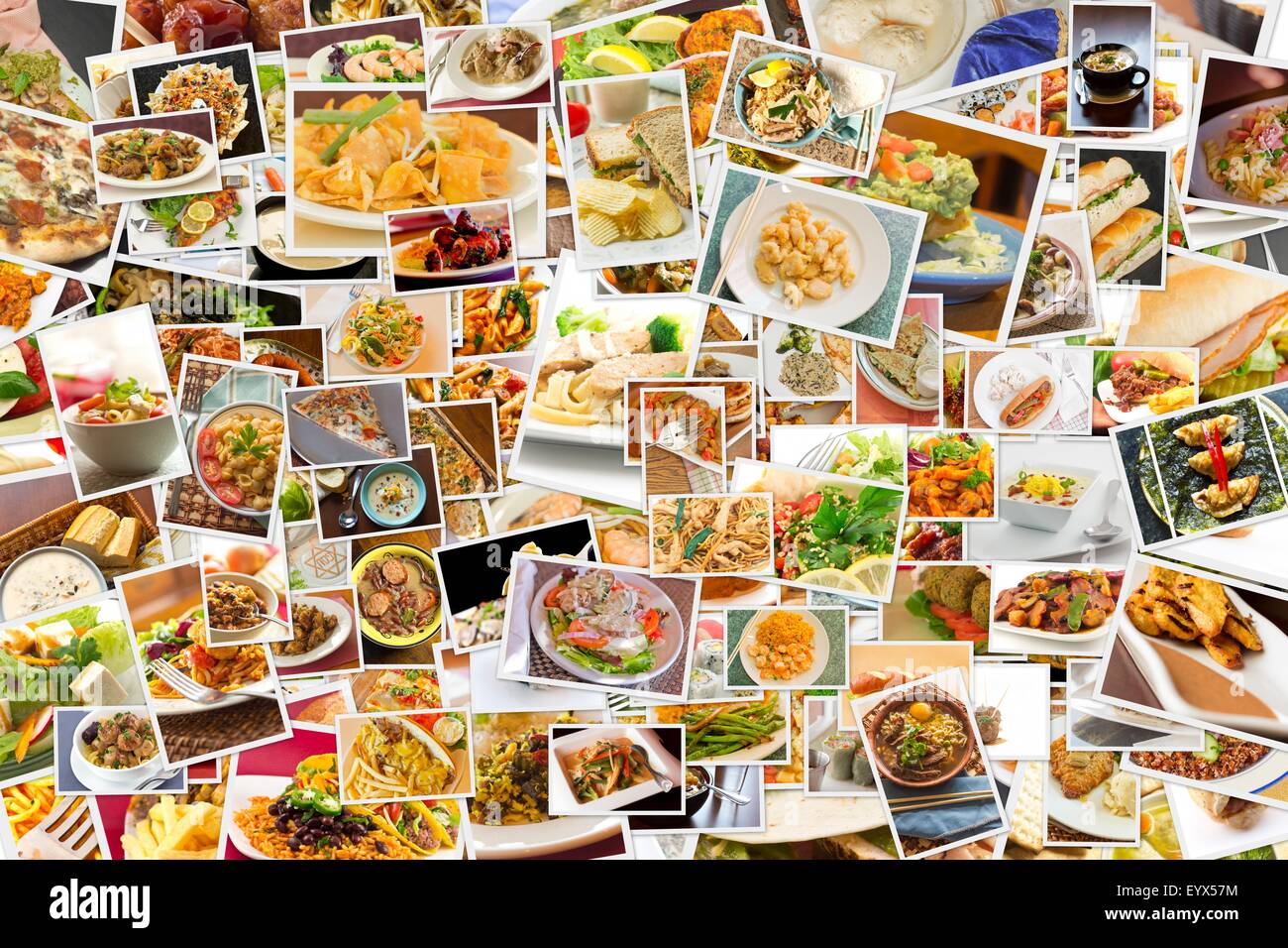Collage of lots of popular worldwide dinner foods and appetizers Stock ...