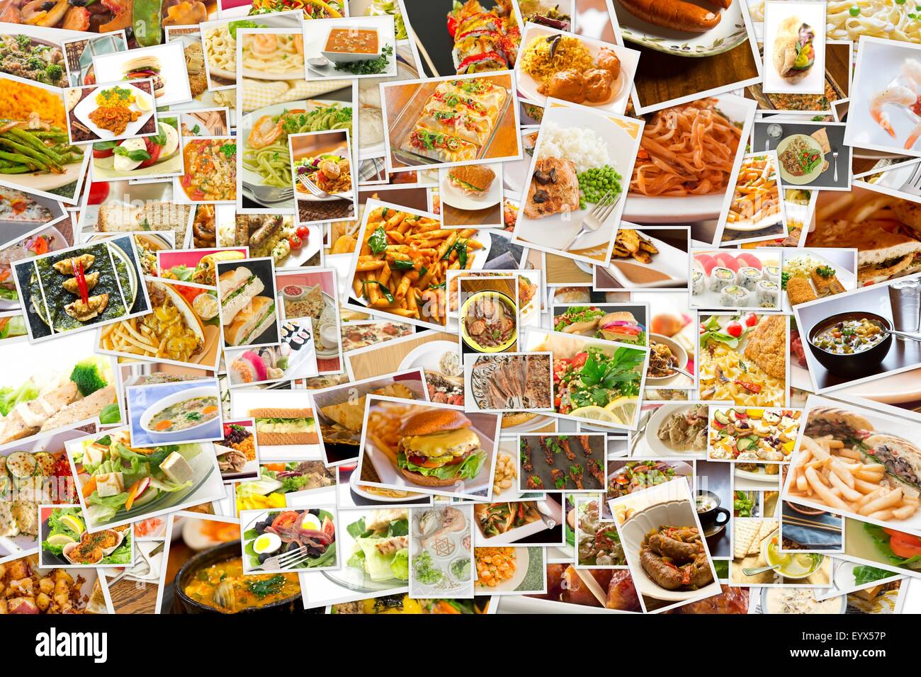 Collage of lots of popular worldwide dinner foods and appetizers Stock ...