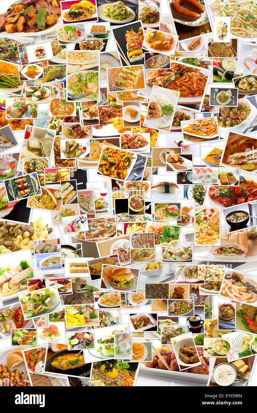Collage of lots of popular worldwide dinner foods and appetizers Stock ...