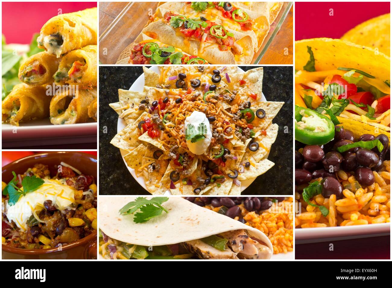 Collage of various Mexican dishes including enchiladas taquidos nachos ...