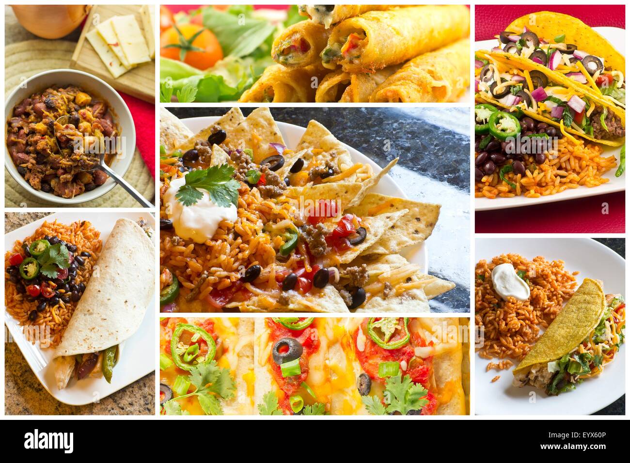 Collage of various Mexican dishes including enchiladas taquidos nachos ...