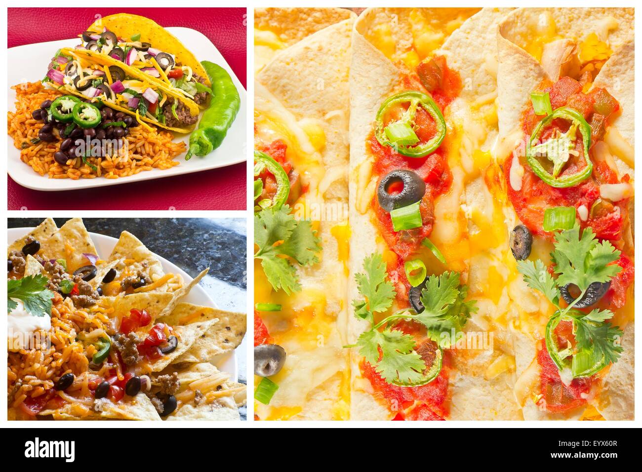 Collage of various Mexican dishes including enchiladas taquidos nachos ...