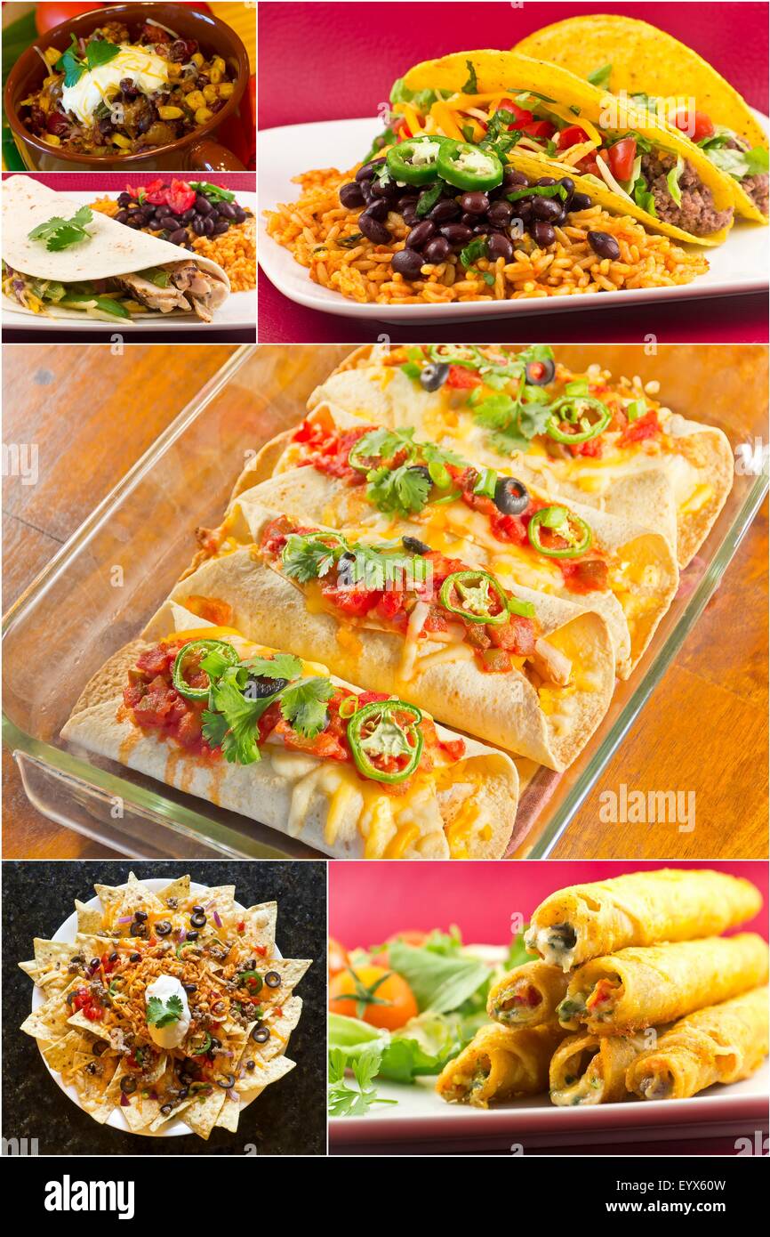 Collage of various Mexican dishes including enchiladas taquidos nachos ...