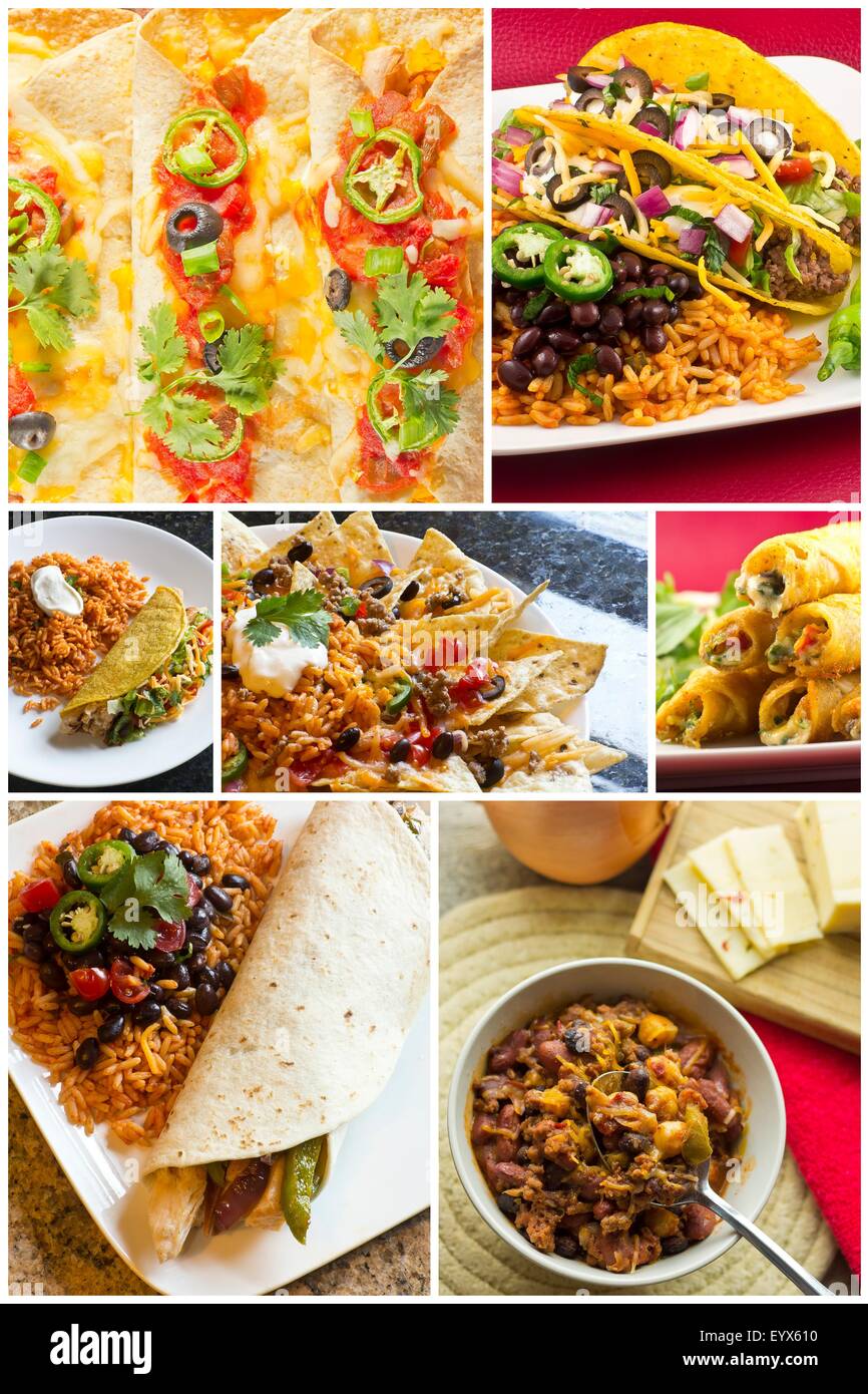 Collage of various Mexican dishes including enchiladas taquidos nachos ...