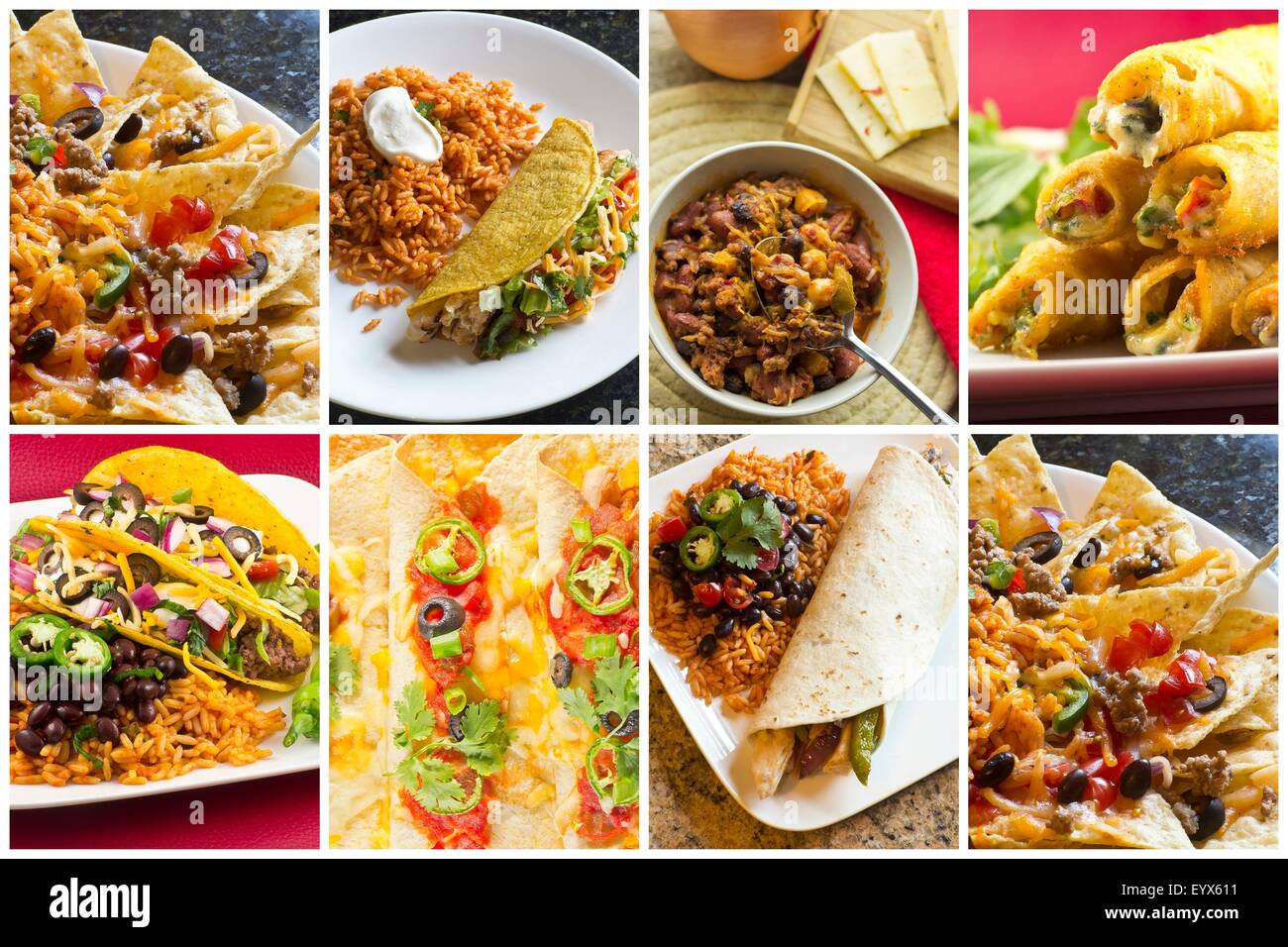 Collage of various Mexican dishes including enchiladas taquidos nachos ...