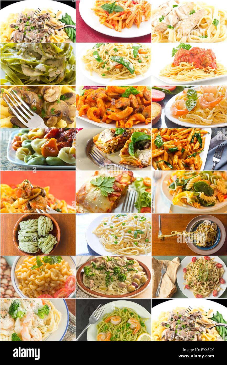 Popular pasta Italian dishes in food collage imagery Stock Photo - Alamy