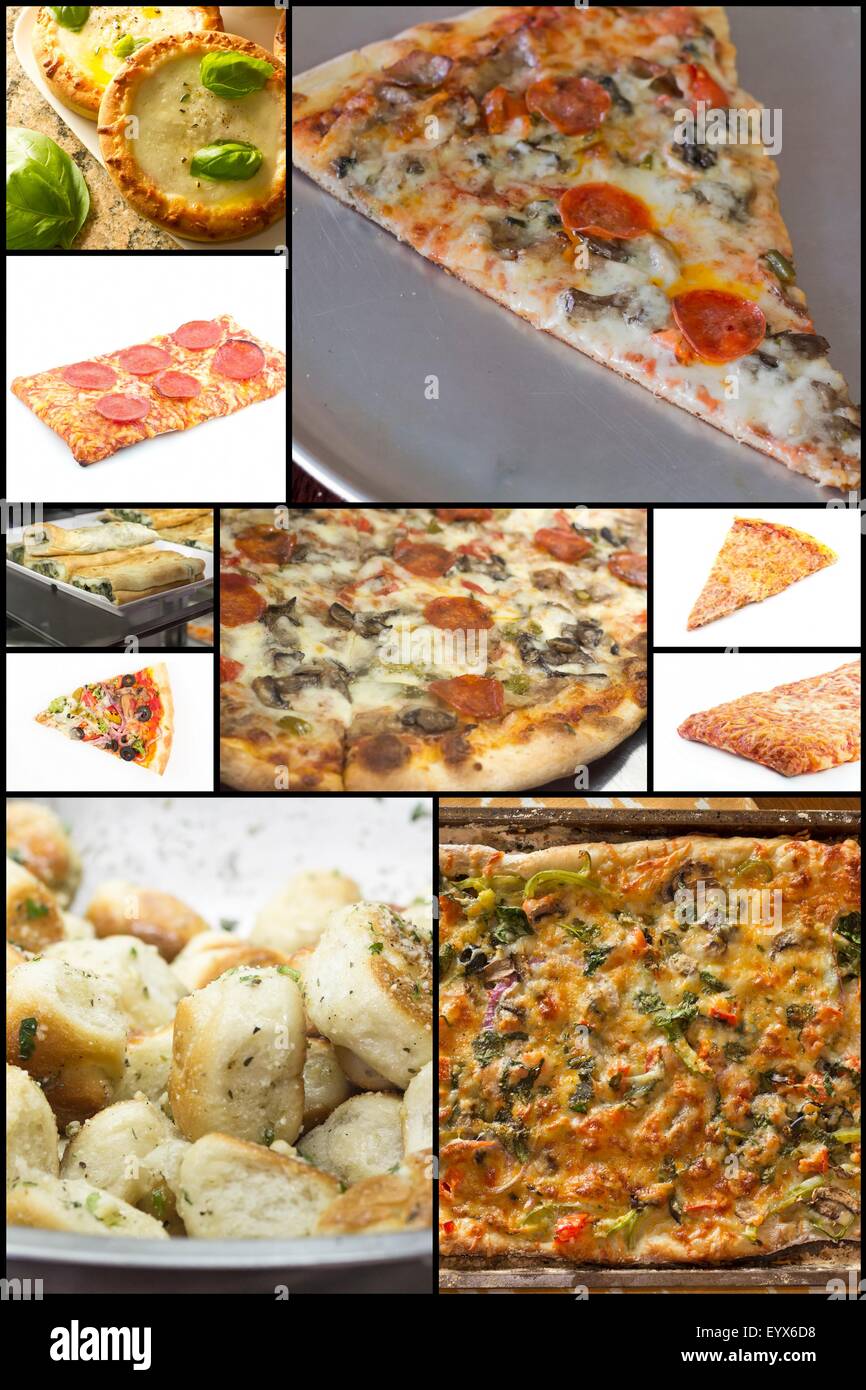 Variety of tasty versions of pizza in Italian restaurant collage Stock ...