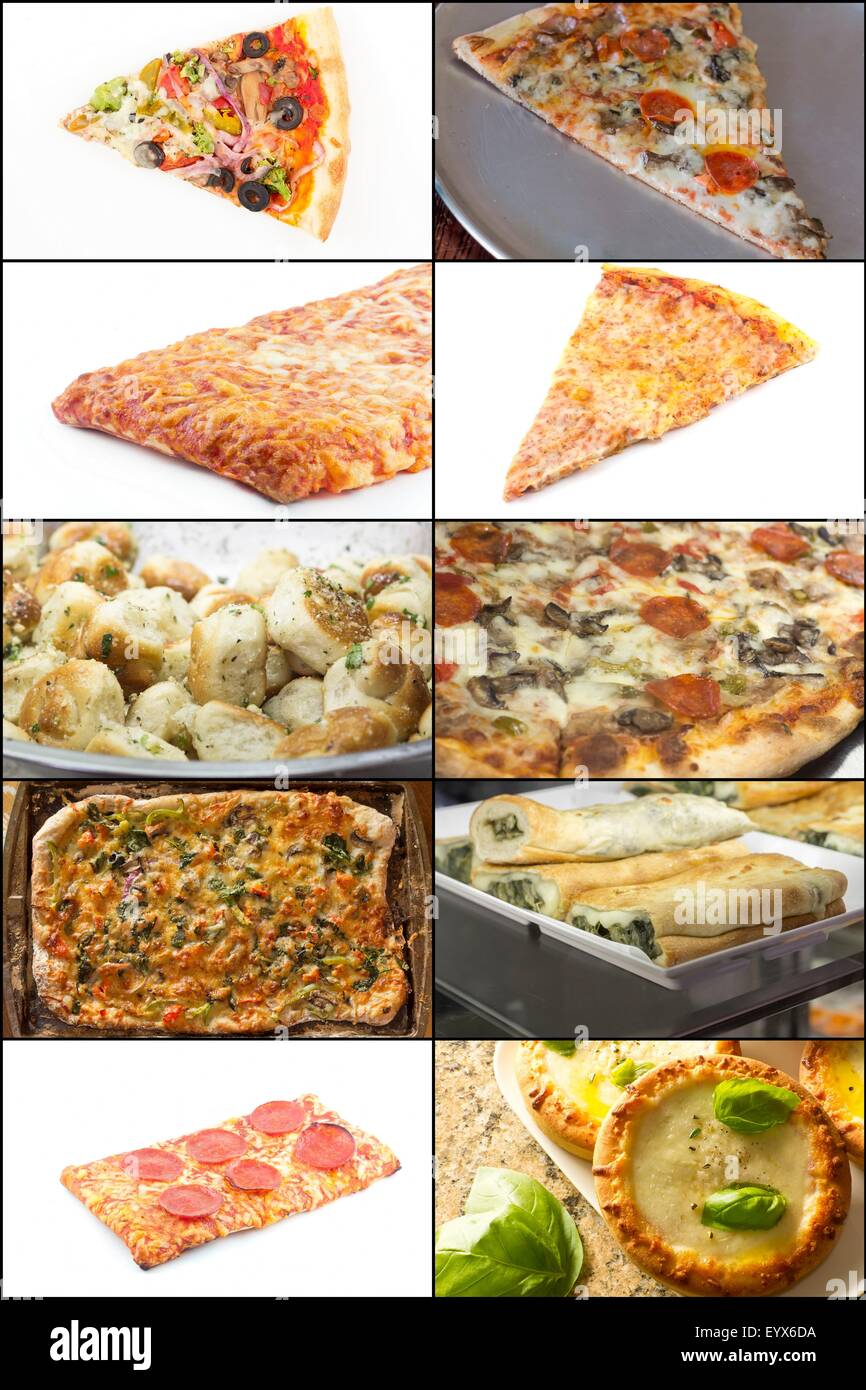 Variety of tasty versions of pizza in Italian restaurant collage Stock ...