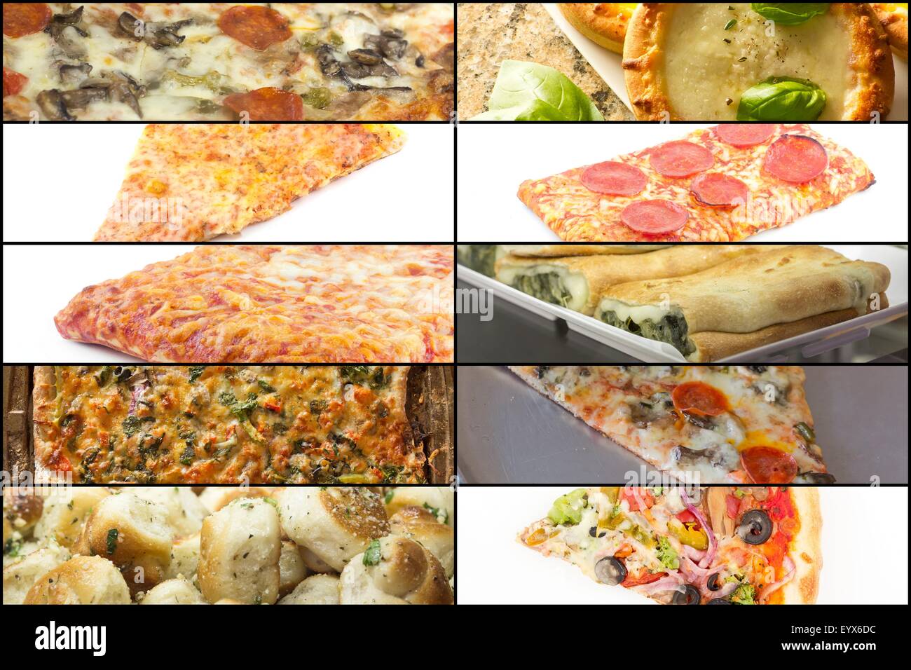 Variety of tasty versions of pizza in Italian restaurant collage Stock ...