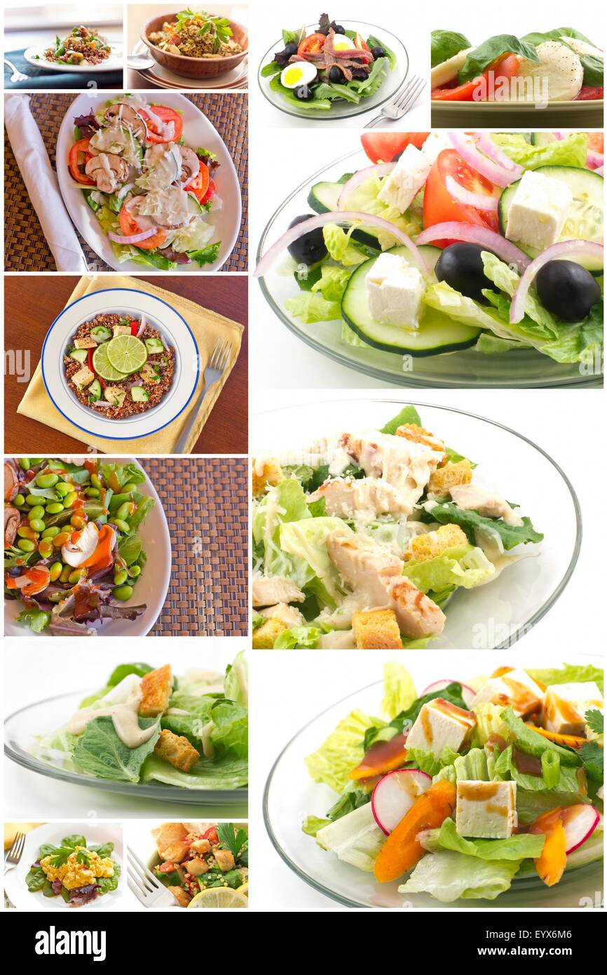 Variety of popular and healthy salads in diet food collage imagery ...