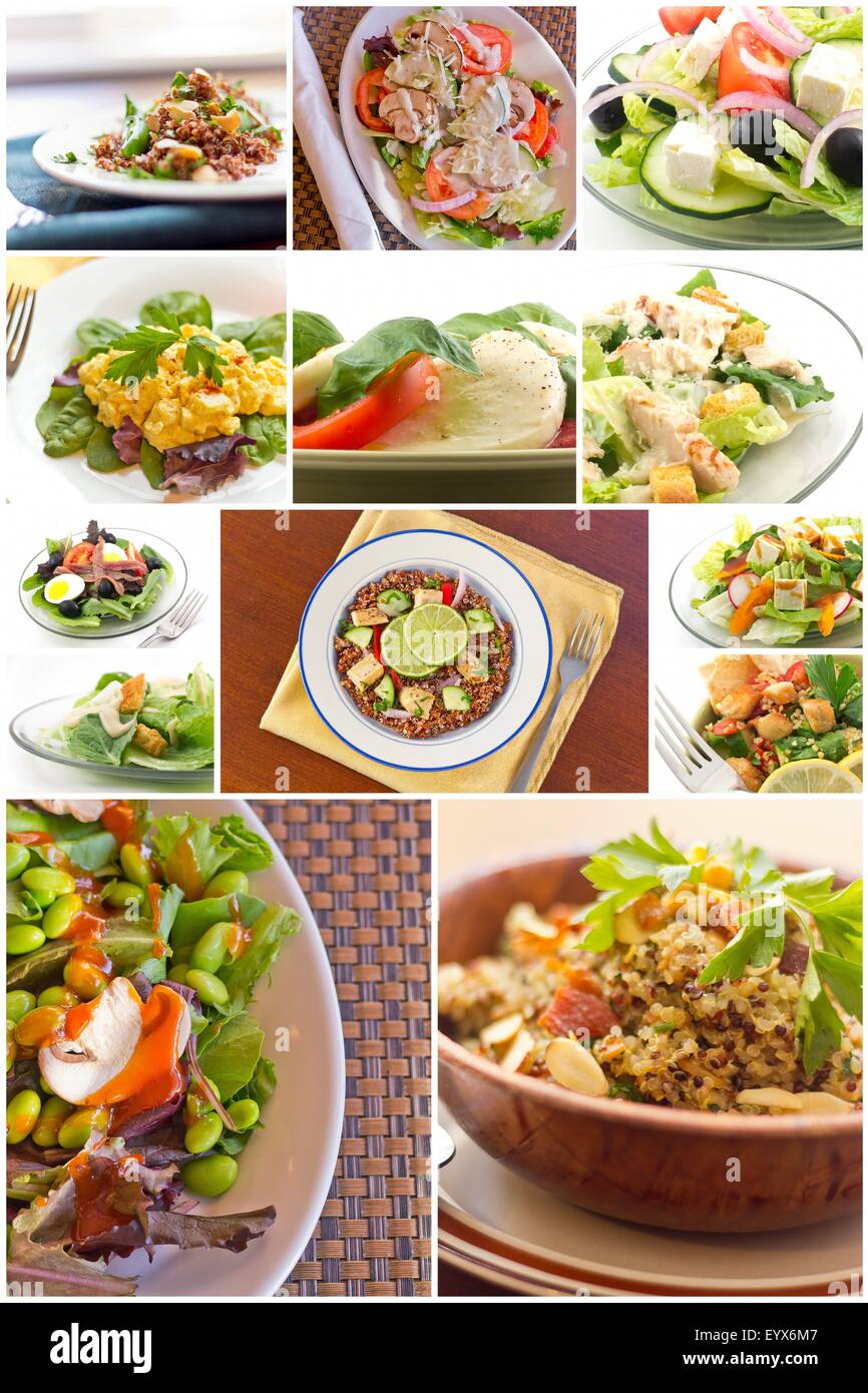 Variety of popular and healthy salads in diet food collage imagery ...