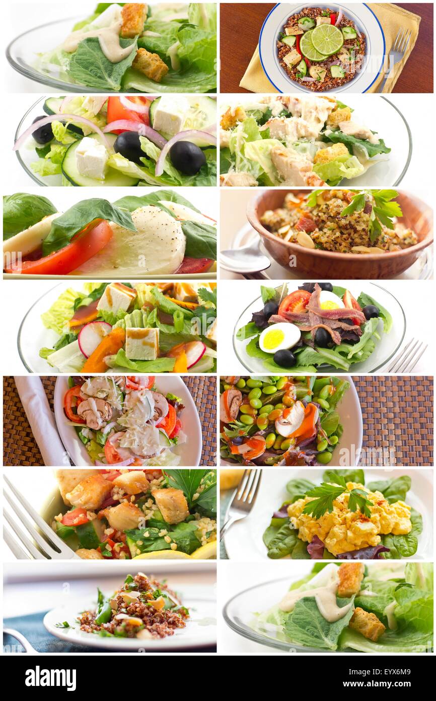 Variety of popular and healthy salads in diet food collage imagery ...