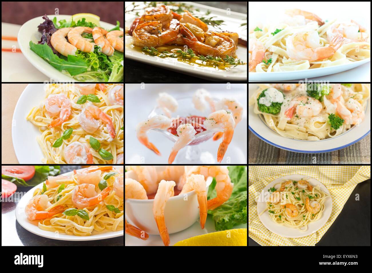 Variety of shrimp dishes and appetizers in seafood collage imagery ...