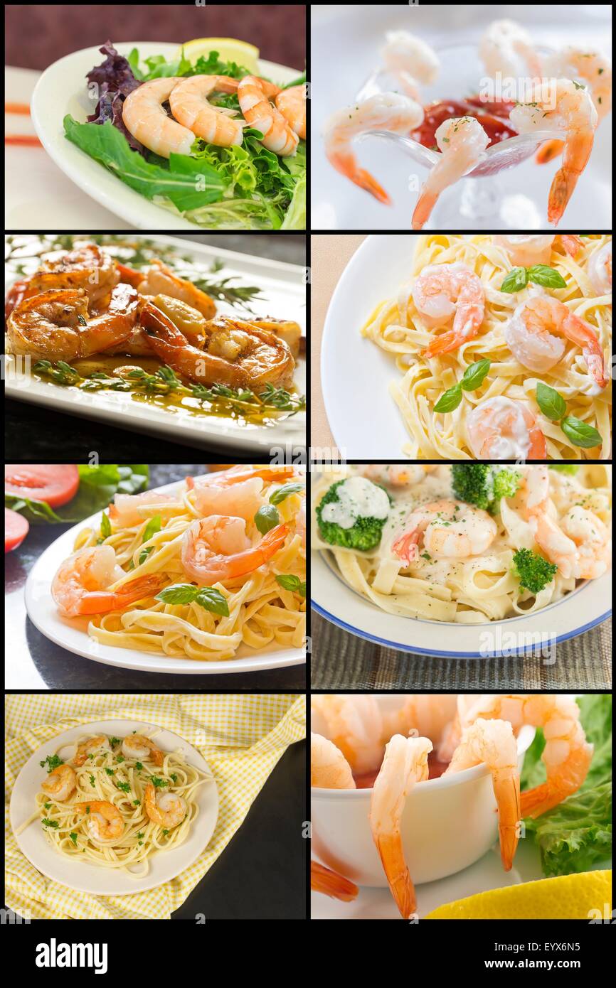 Variety of shrimp dishes and appetizers in seafood collage imagery ...