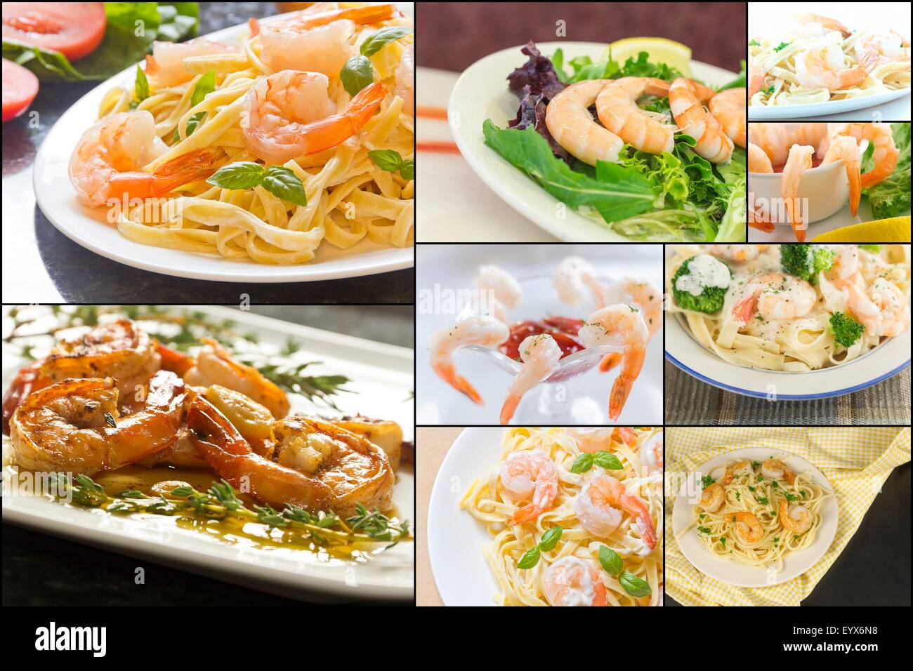 Variety of shrimp dishes and appetizers in seafood collage imagery ...