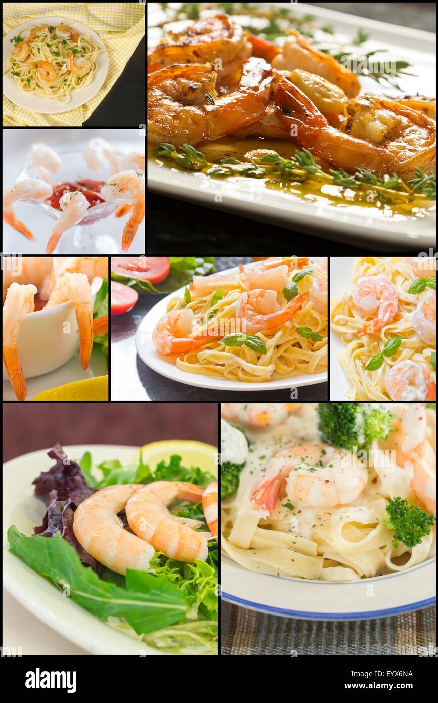 Variety of shrimp dishes and appetizers in seafood collage imagery ...