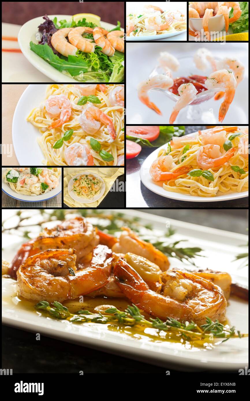 Variety of shrimp dishes and appetizers in seafood collage imagery ...