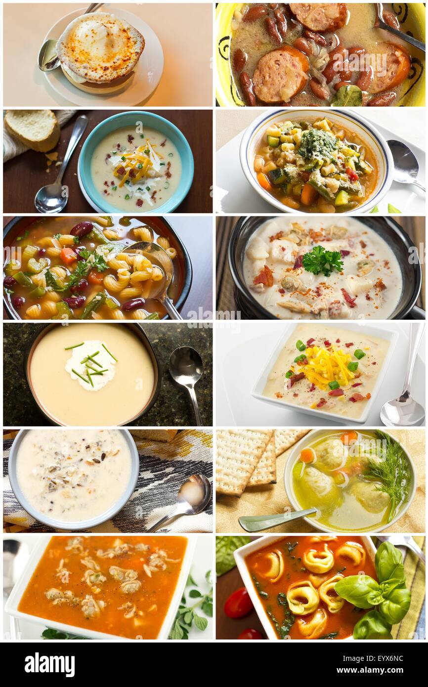 Variety of popular homemade soups in food collage imagery Stock Photo ...