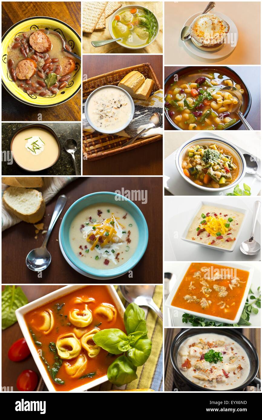 Variety of popular homemade soups in food collage imagery Stock Photo ...