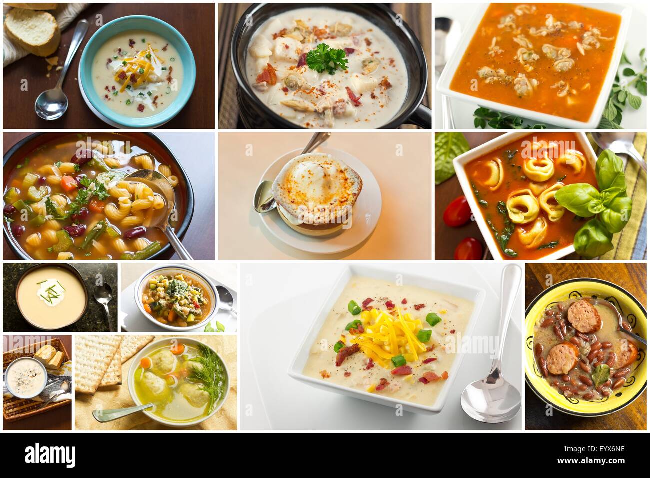 Variety of popular homemade soups in food collage imagery Stock Photo ...