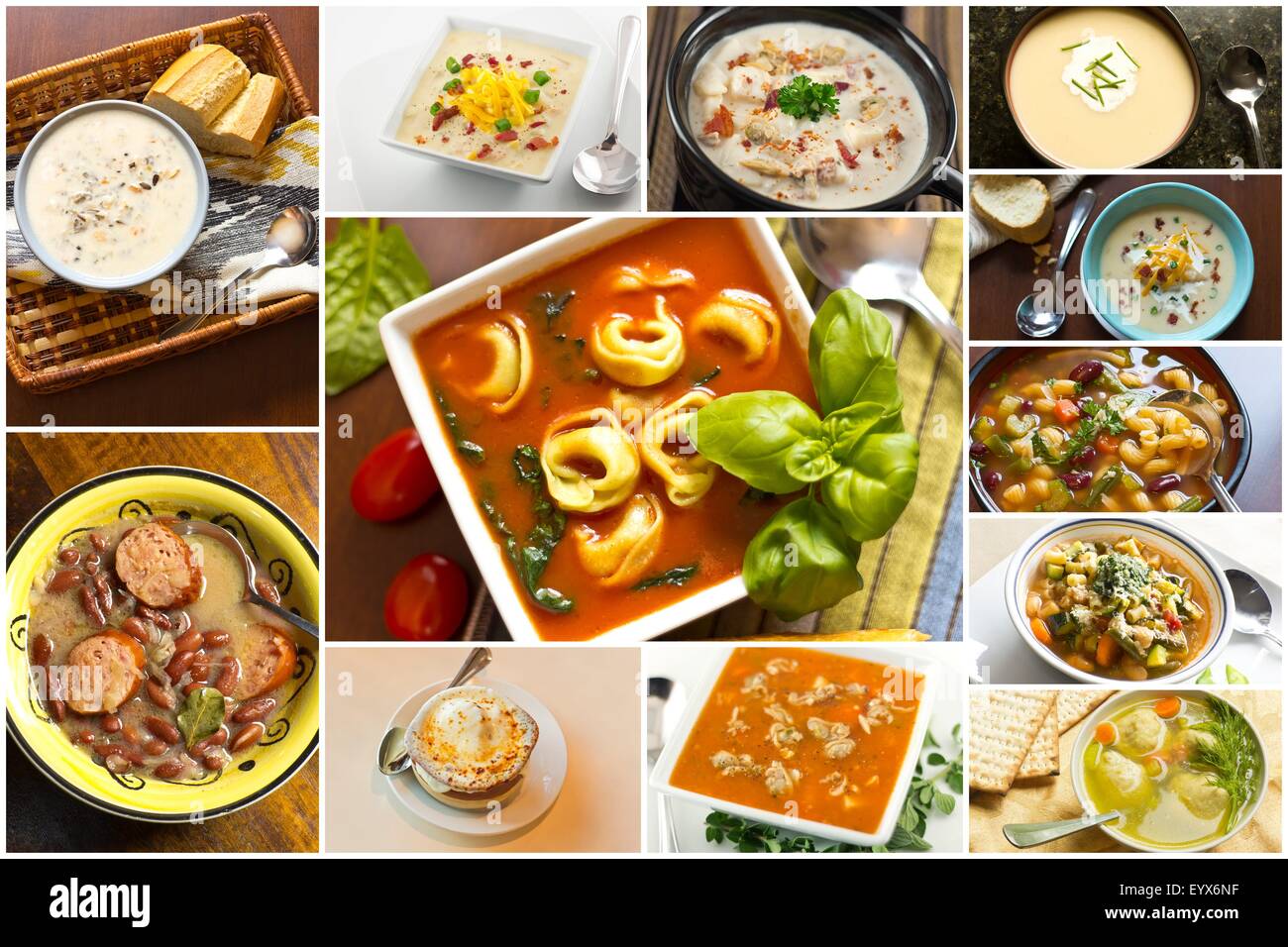 Variety of popular homemade soups in food collage imagery Stock Photo ...