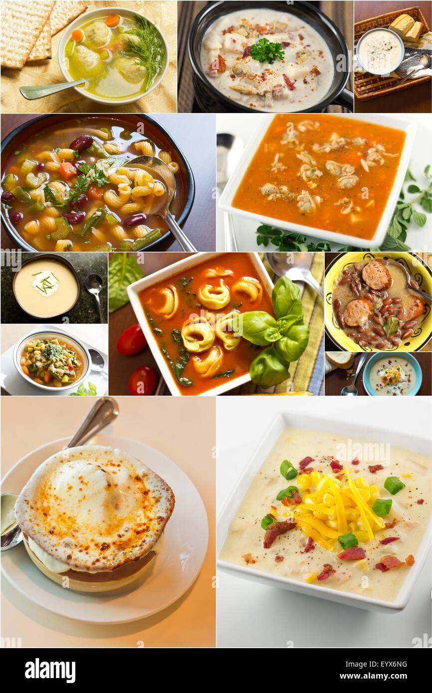 Variety of popular homemade soups in food collage imagery Stock Photo ...