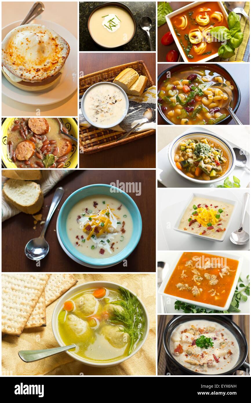 Variety of popular homemade soups in food collage imagery Stock Photo ...