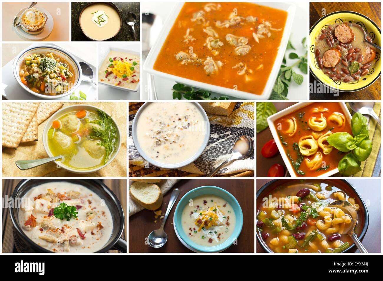 Variety of popular homemade soups in food collage imagery Stock Photo ...
