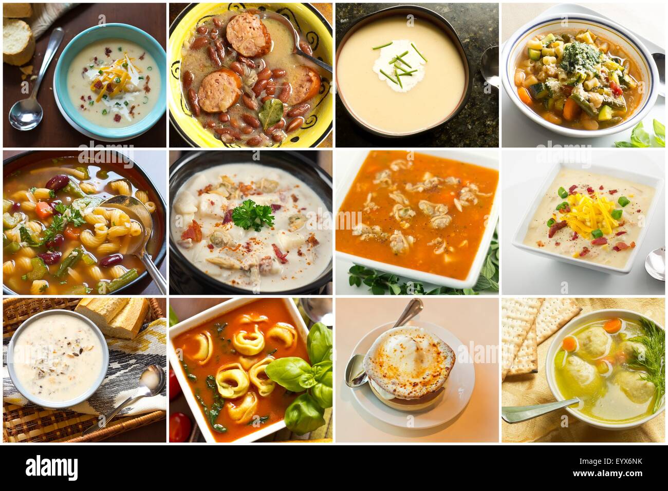 Variety of popular homemade soups in food collage imagery Stock Photo ...