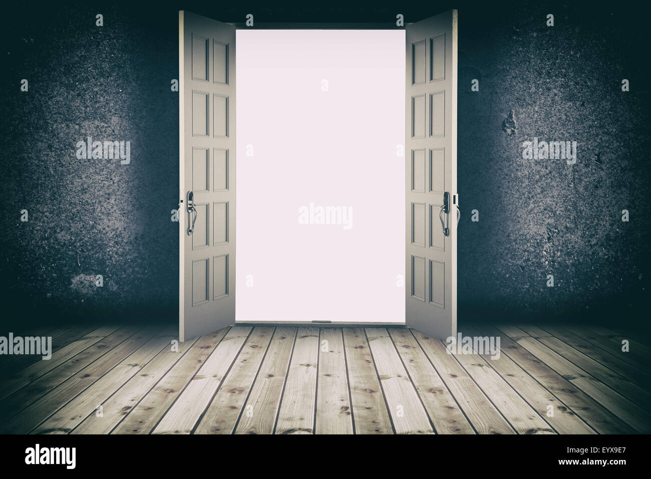 Opened door. Abstract interior backgrounds with wooden floor and ...