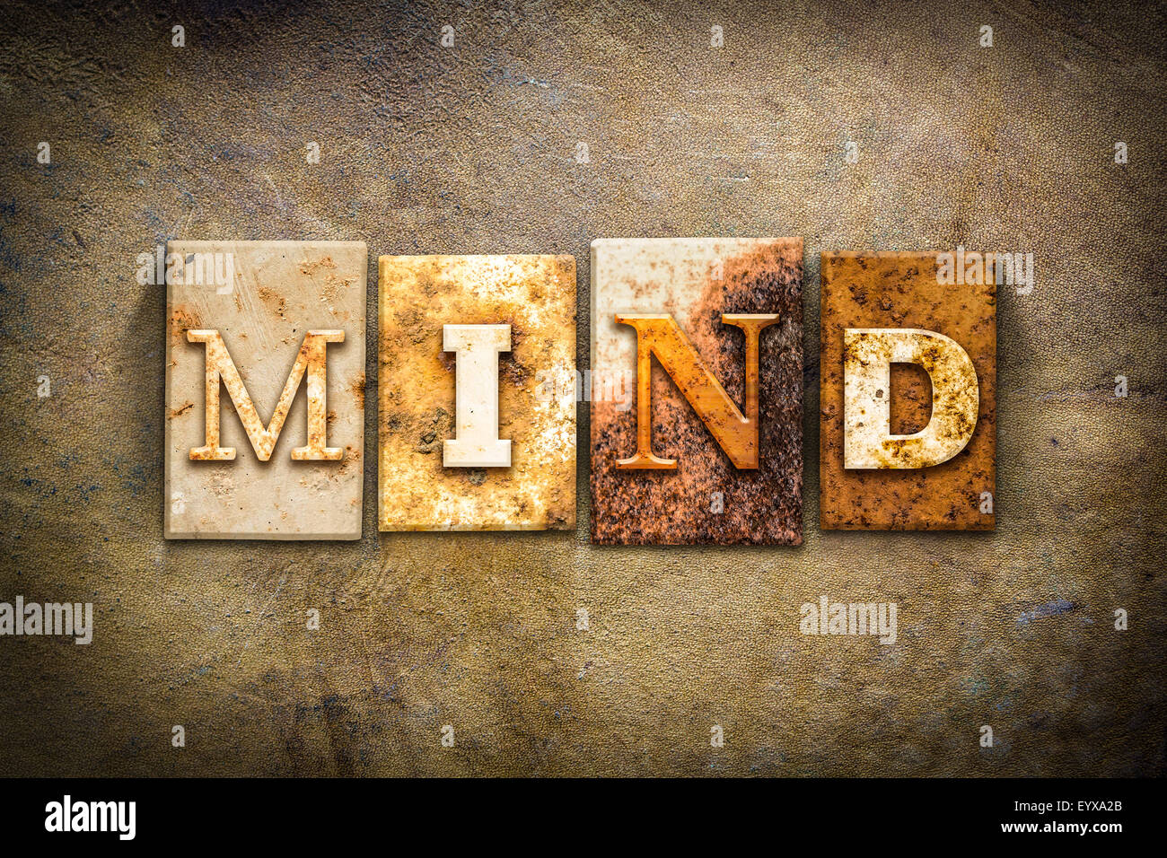 The word "MIND" written in rusty metal letterpress type on an old aged ...