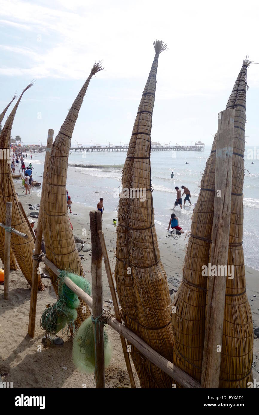 'Caballitos de Totora', traditional fishing boats made of reeds, on the ...