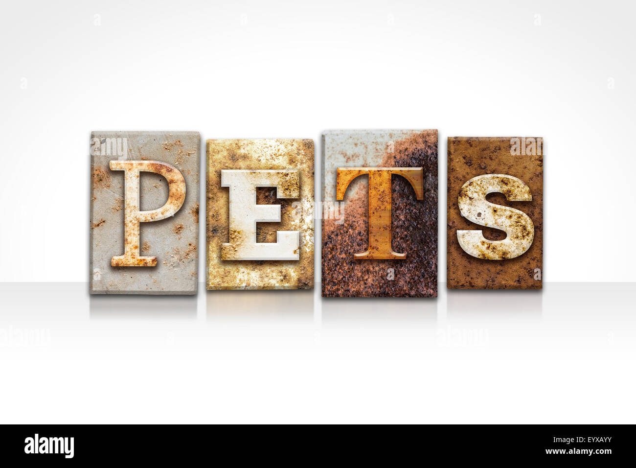 The word "PETS" written in rusty metal letterpress type isolated on a ...