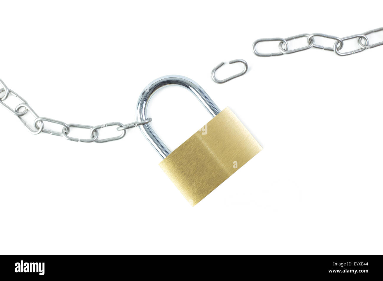 Broken metal chain and a locked padlock viewed from above, isolated on ...
