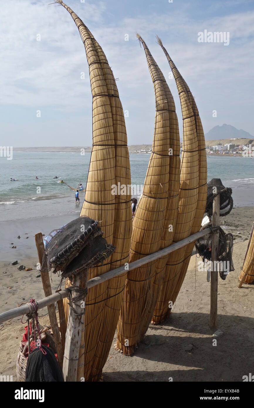'Caballitos de Totora', traditional fishing boats made of reeds, on the ...