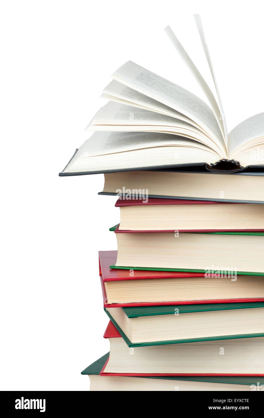 Stack of books on white background. Open book Stock Photo - Alamy