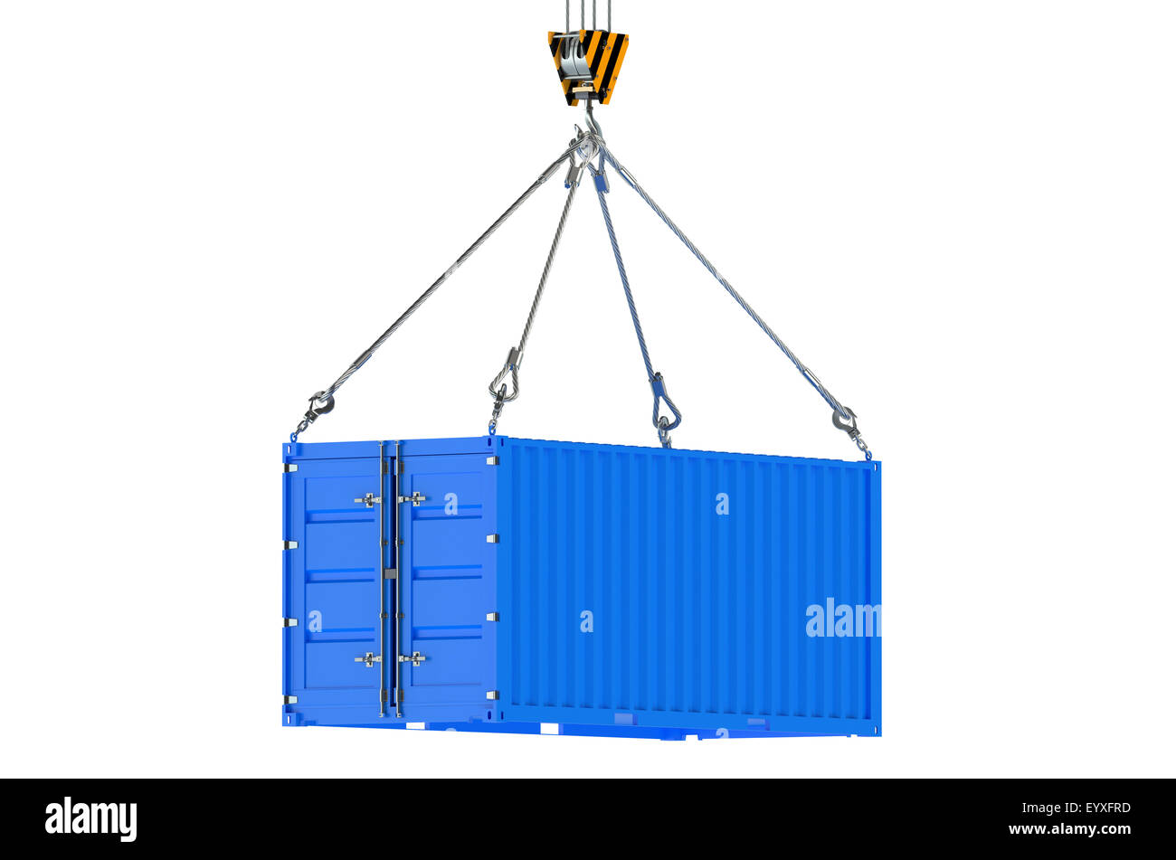 Crane hook and blue cargo container isolated on white background Stock ...