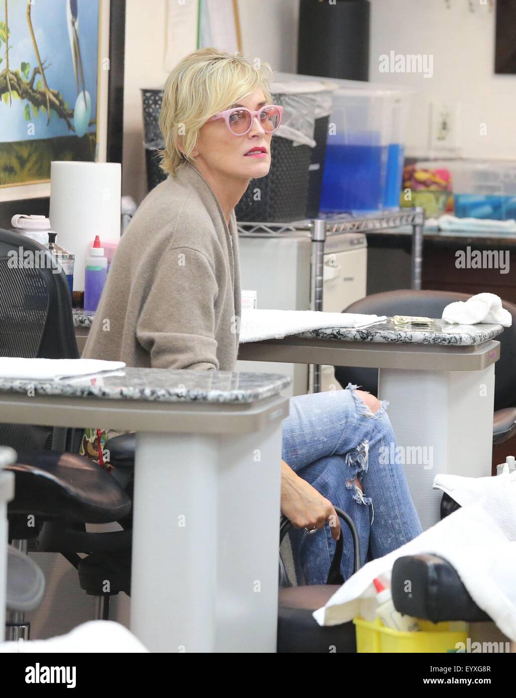 Sharon Stone arrives at Beverly Hills Nail Design for a manicure and ...