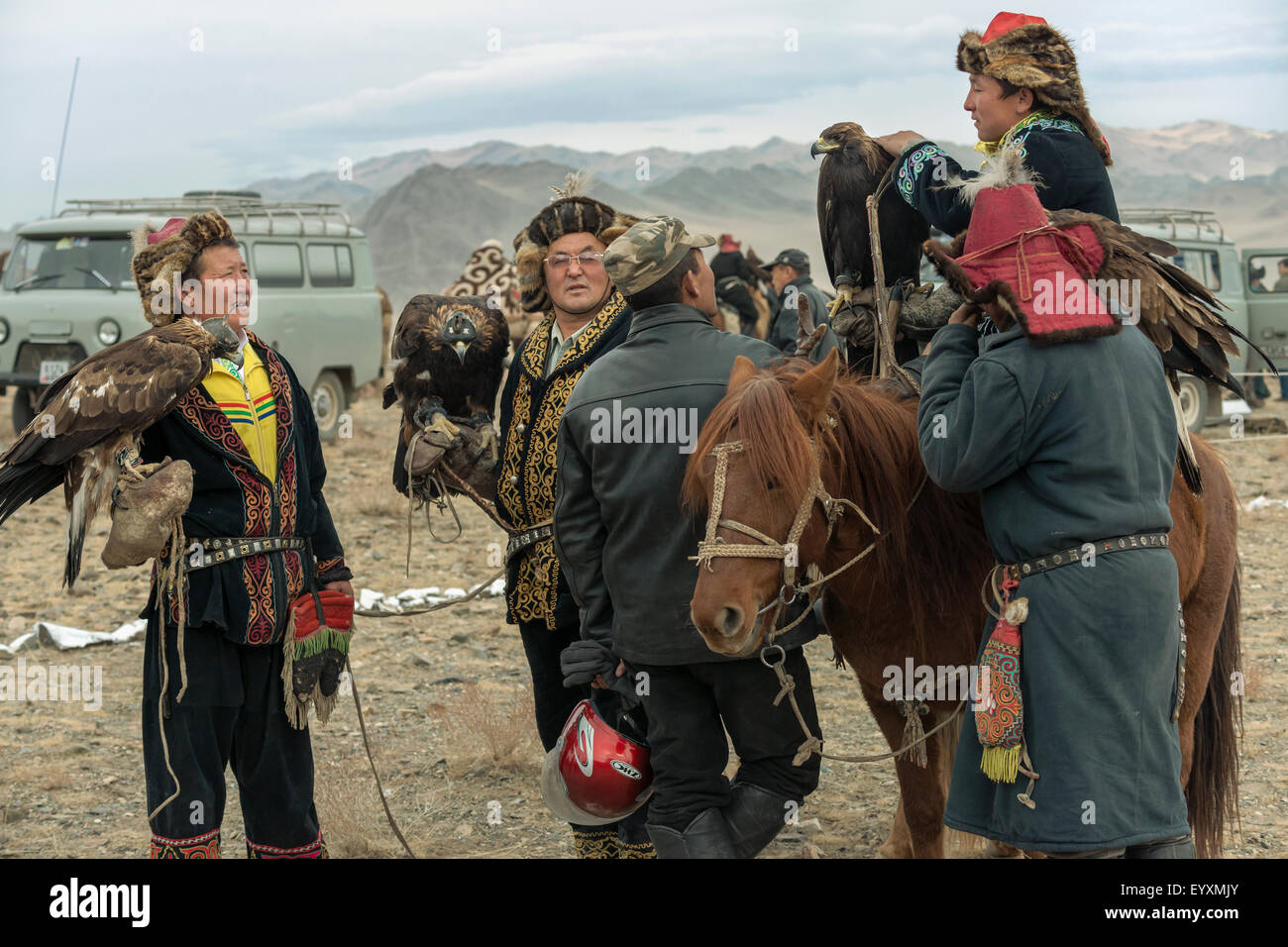 Eagle hunters gathering before the Eagle Festival, Olgii, Western ...