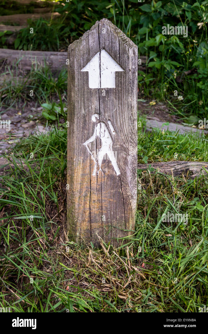 A wooden post points to a hiking trail along the Blue Ridge Parkway in ...